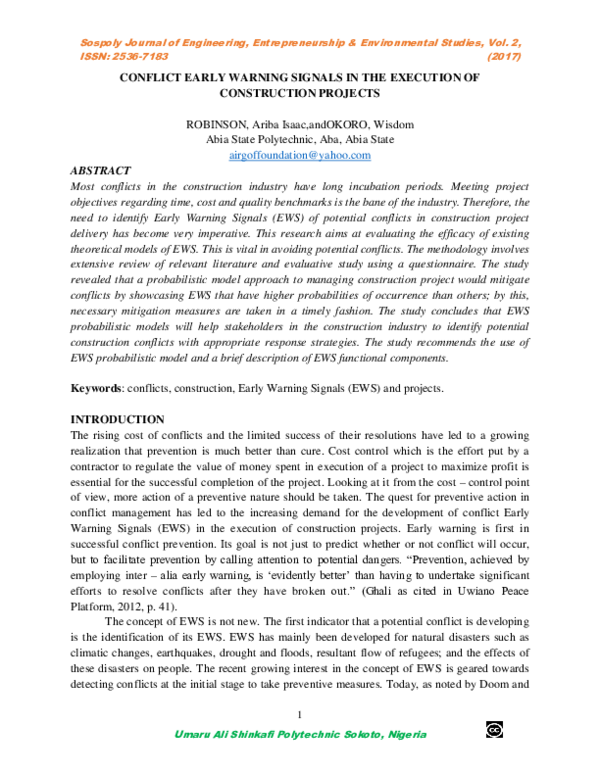 (PDF) CONFLICT EARLY WARNING SIGNALS IN THE EXECUTION OF CONSTRUCTION ...