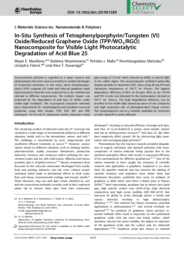 (PDF) In-Situ Synthesis of Tetraphenylporphyrin/Tungsten (VI) Oxide ...