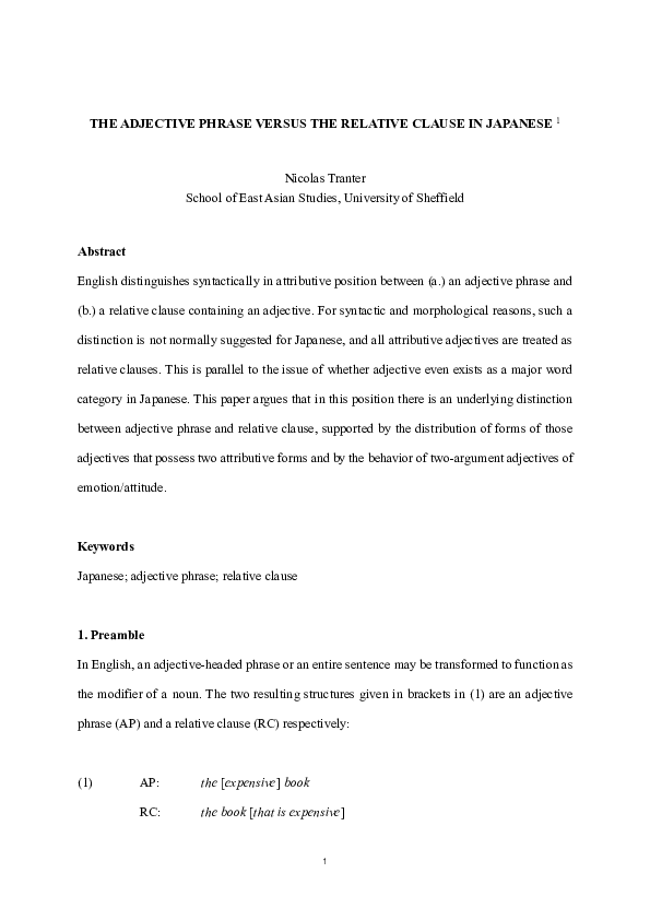 (DOC) The Adjective Phrase versus the relative clause in Japanese ...