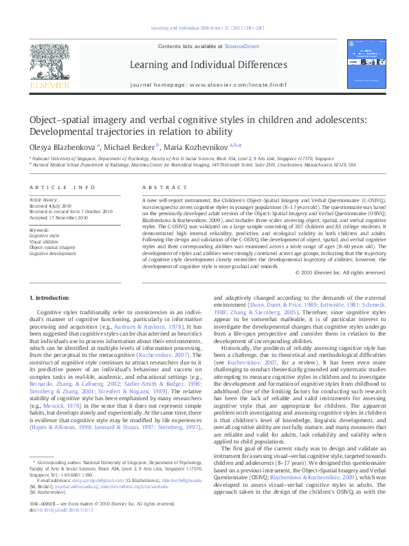 (PDF) Object–spatial imagery and verbal cognitive styles in children and adolescents ...