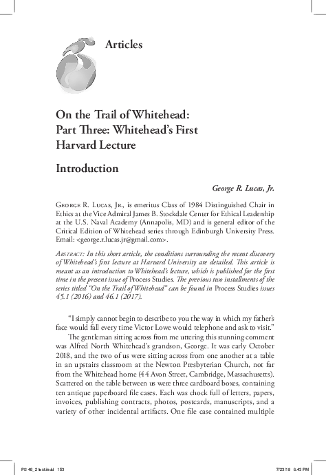 (PDF) On the Trail of Whitehead: Part Three: Whitehead's First Harvard ...