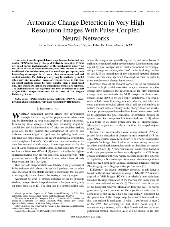 (PDF) Automatic Change Detection in Very High Resolution Images With Pulse-Coupled Neural Networks