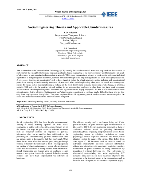 (PDF) Social Engineering Threats and Applicable Countermeasures