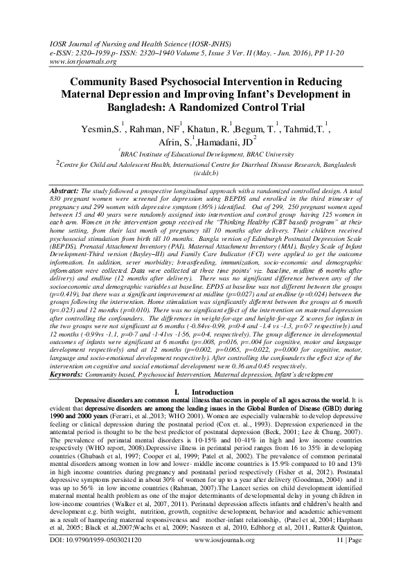 (PDF) Community Based Psychosocial Intervention in Reducing Maternal Depression and Improving ...