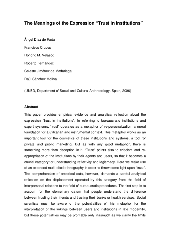 (PDF) "The Meanings of the Expression 'Trust in Institutions'"