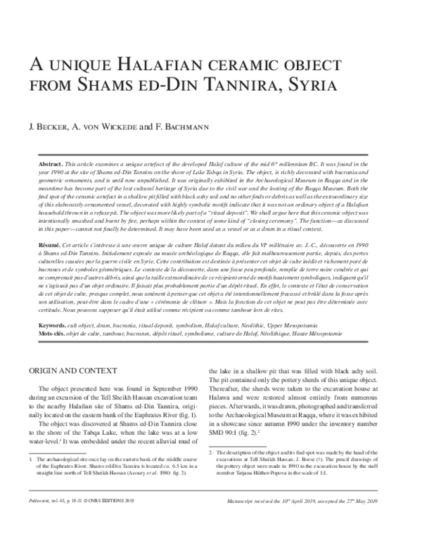 (PDF) A unique Halafian ceramic object from Shams ed-Din Tannira, Syria