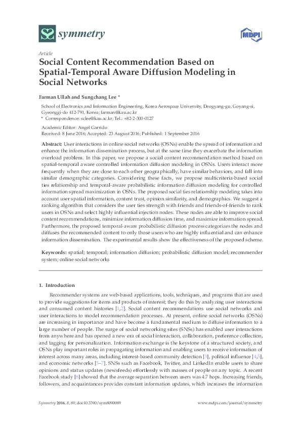 Pdf Social Content Recommendation Based On Spatial Temporal Aware Diffusion Modeling In Social