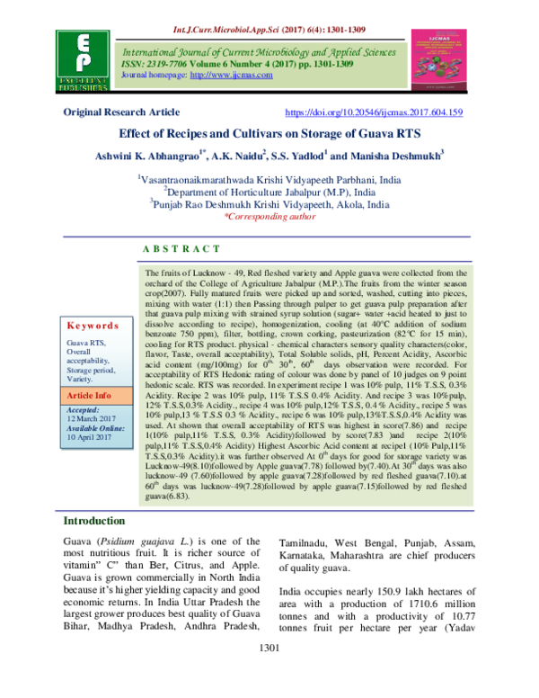 (PDF) Effect of Recipes and Cultivars on Storage of Guava RTS