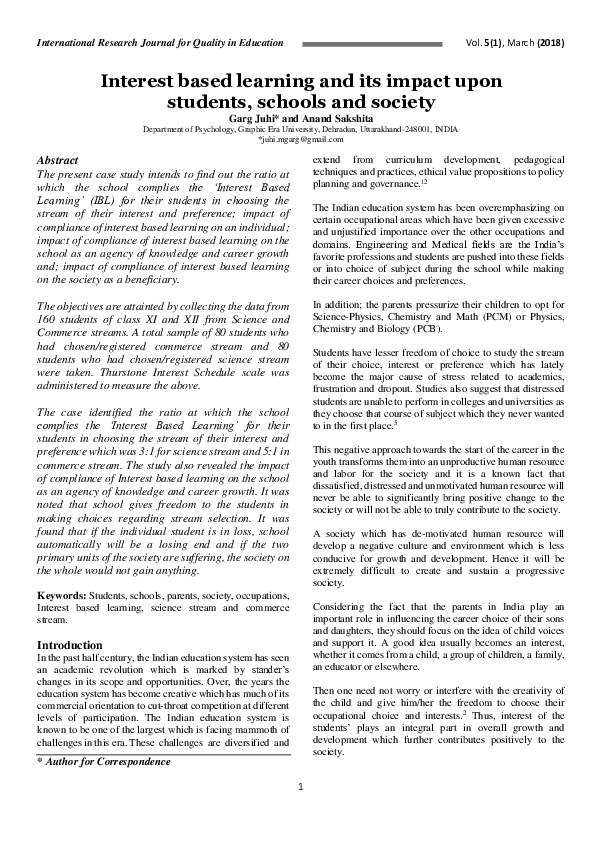 (PDF) Interest based learning and its impact upon students, schools and ...