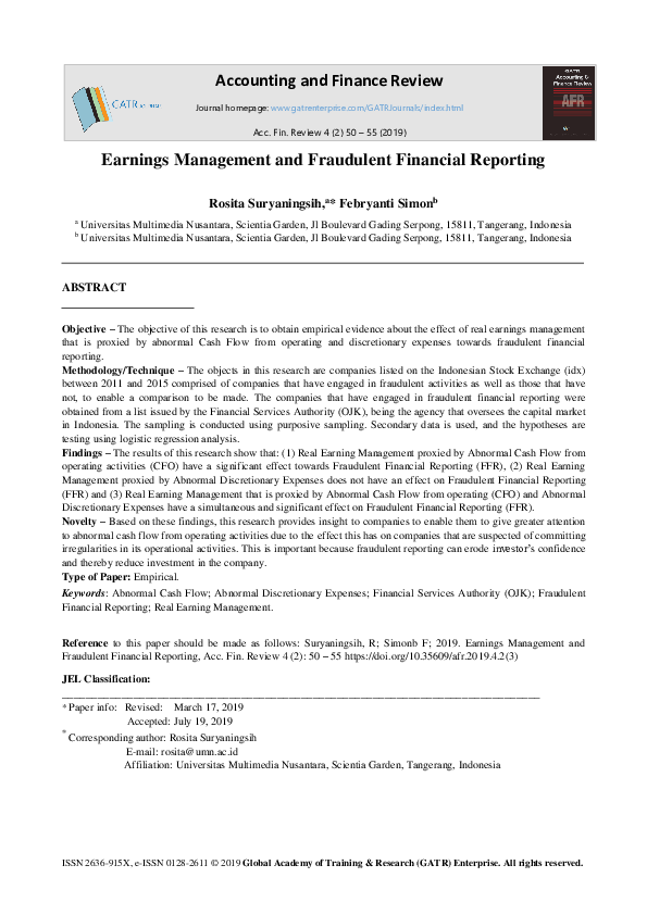 (PDF) Accounting and Finance Review Earnings Management and Fraudulent ...