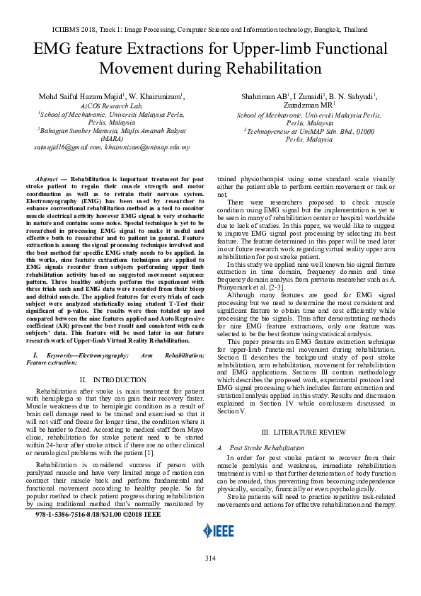 (PDF) EMG feature Extractions for Upper-limb Functional Movement during Rehabilitation