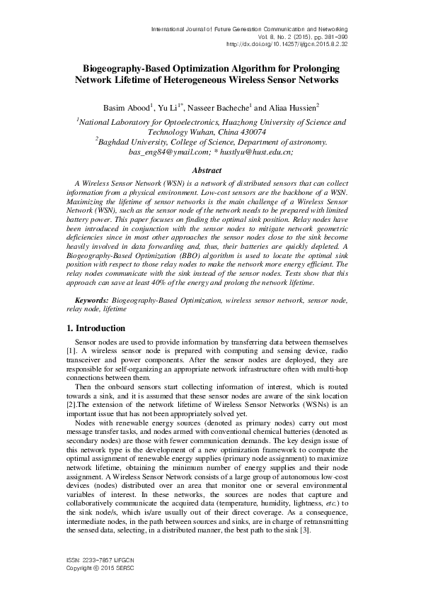 Pdf Biogeography Based Optimization Algorithm For Prolonging Network Lifetime Of Heterogeneous