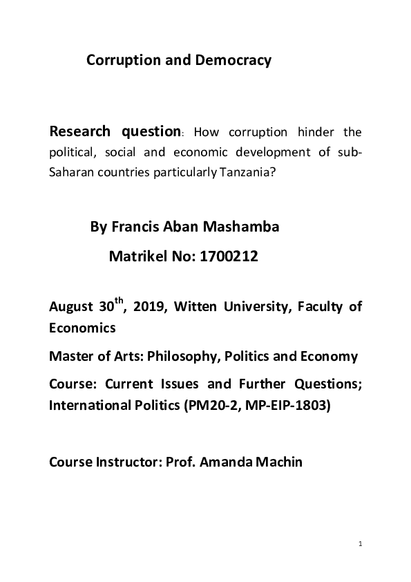 (PDF) Corruption and Democracy Research question: How corruption hinder ...