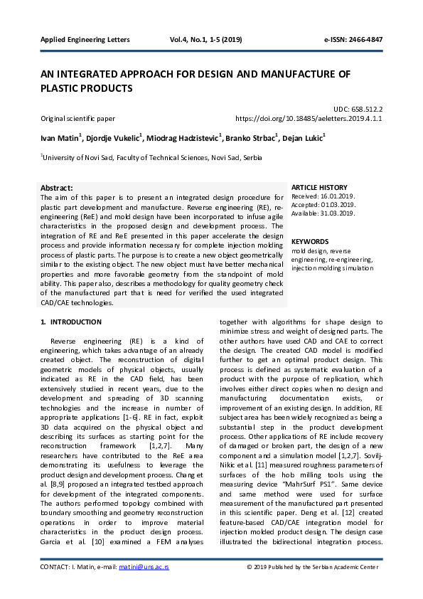 (PDF) AN INTEGRATED APPROACH FOR DESIGN AND MANUFACTURE OF PLASTIC PRODUCTS