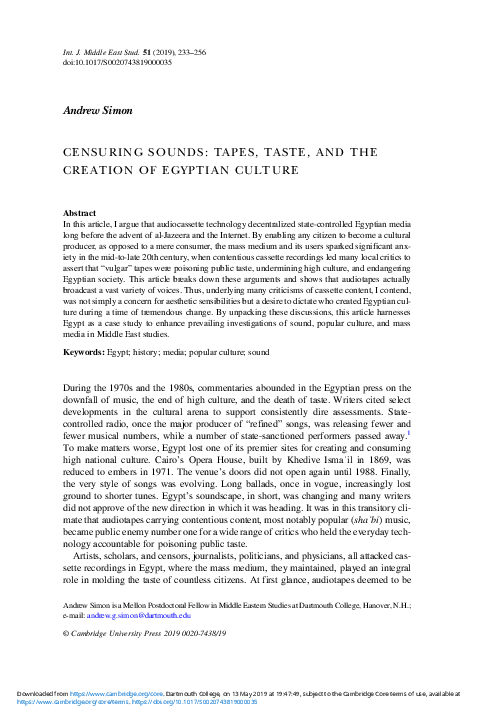 (PDF) CENSURING SOUNDS: TAPES, TASTE, AND THE CREATION OF EGYPTIAN CULTURE