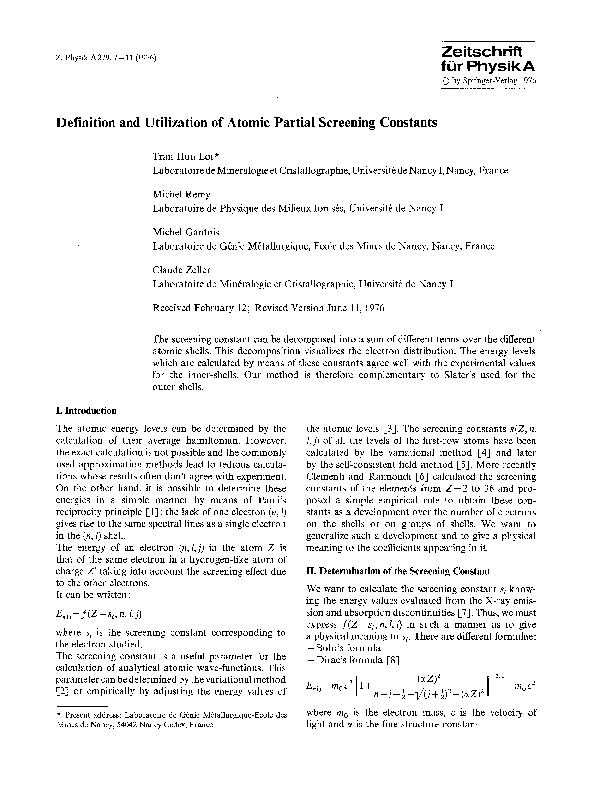 (PDF) Definition and utilization of atomic partial screening constants