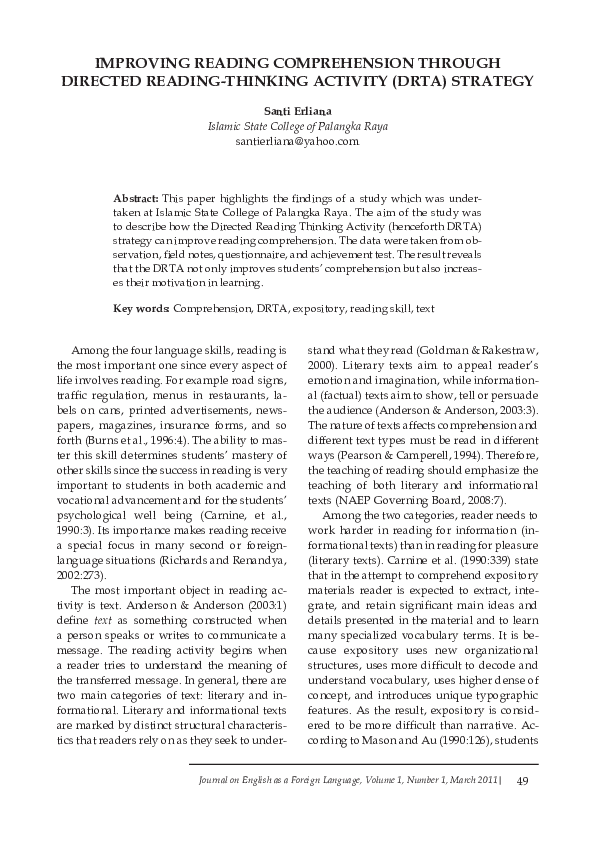 (PDF) IMPROVING READING COMPREHENSION THROUGH DIRECTED READING-THINKING ...