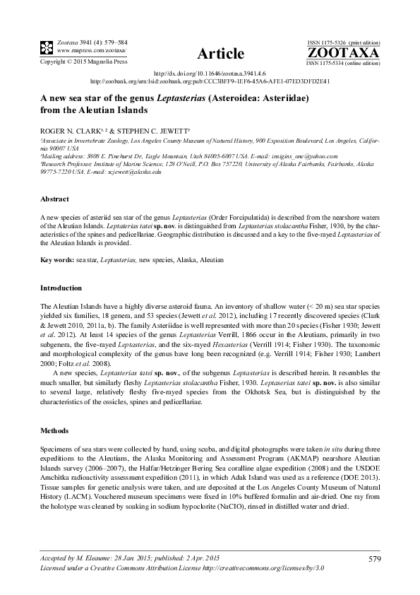 (PDF) A new sea star of the genus Leptasterias (Asteroidea: Asteriidae) from the Aleutian Islands