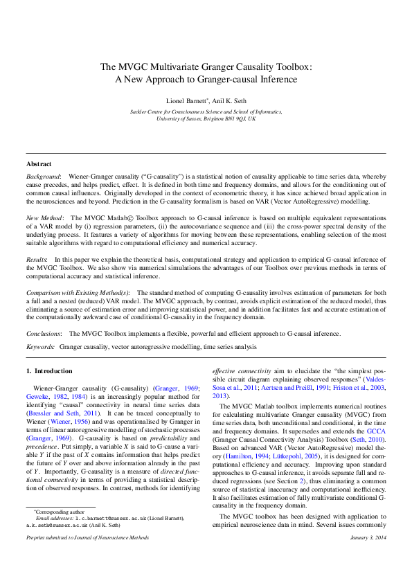 Pdf The Mvgc Multivariate Granger Causality Toolbox A New Approach To Granger Causal Inference