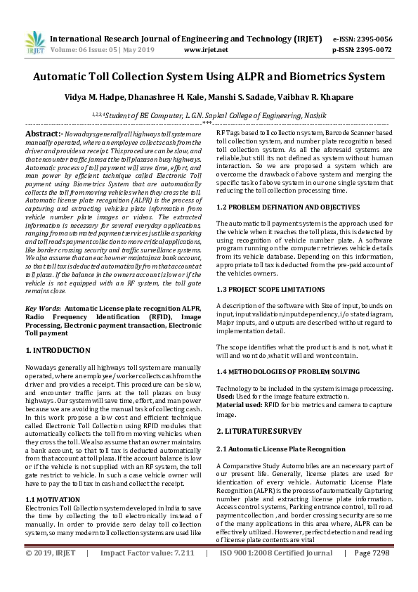 (PDF) IRJET- Automatic Toll Collection System Using ALPR and Biometrics ...