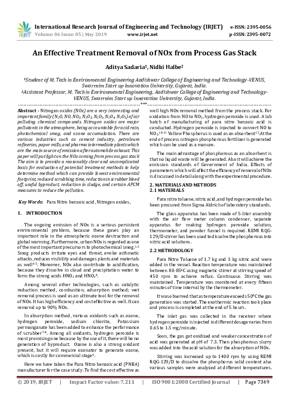 (PDF) IRJET- An Effective Treatment Removal of NOx from Process Gas Stack
