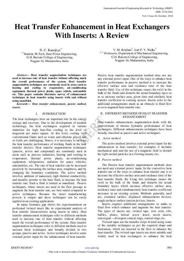 (PDF) Heat Transfer Enhancement in Heat Exchangers With Inserts: A Review