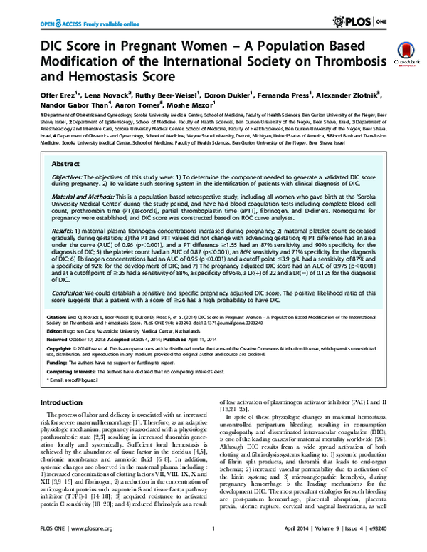 (PDF) DIC Score in Pregnant Women – A Population Based Modification of ...