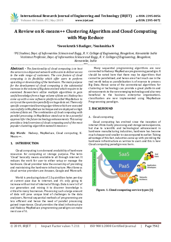 Pdf Irjet A Review On K Means Clustering Algorithm And Cloud Computing With Map Reduce