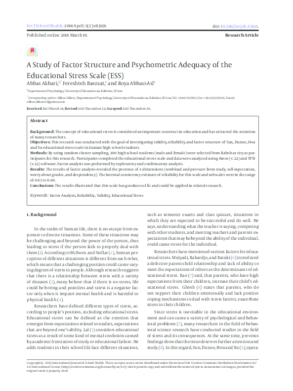 (PDF) A Study of Factor Structure and Psychometric Adequacy of the ...