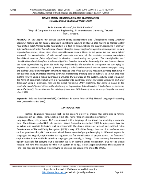 (PDF) NAMED ENTITY IDENTIFICATION AND CLASSIFICATION USING MACHINE LEARNING TECHNIQUES