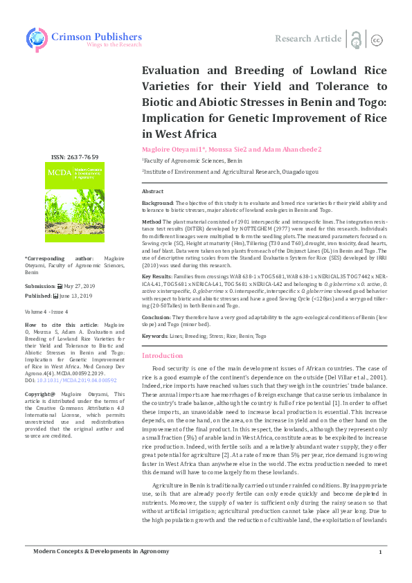 (PDF) Evaluation and Breeding of Lowland Rice Varieties for their Yield ...
