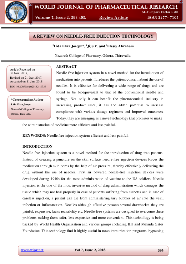 (PDF) A REVIEW ON NEEDLE-FREE INJECTION TECHNOLOGY