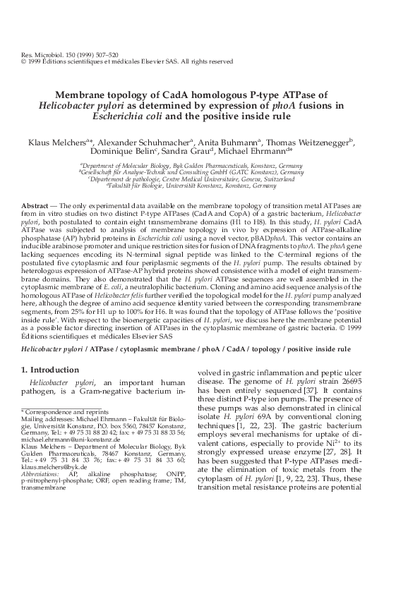 (PDF) Membrane topology of CadA homologous P-type ATPase of ...
