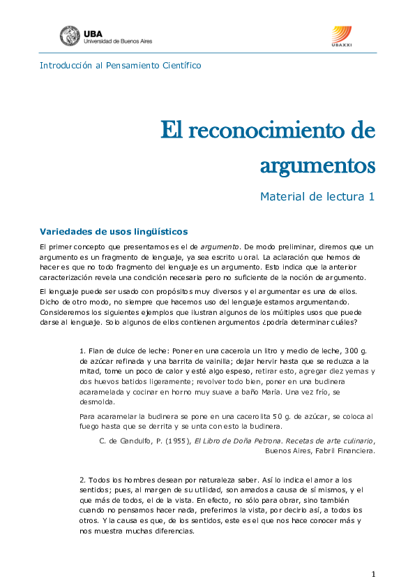 (PDF) El reconocimiento de argumentos Material de lectura 1