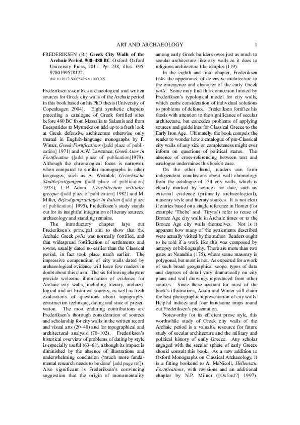 (PDF) Greek City Walls of the Archaic Period, 900–480 BC (Book Review)