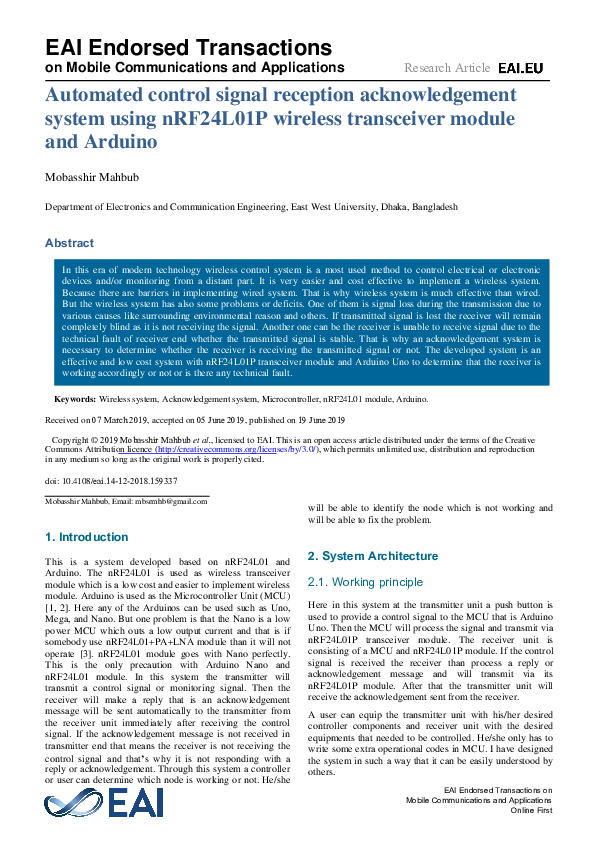 Pdf Automated Control Signal Reception Acknowledgement System Using Nrf24l01p Wireless