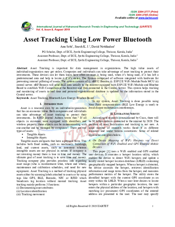 Pdf Asset Tracking Using Low Power Bluetooth