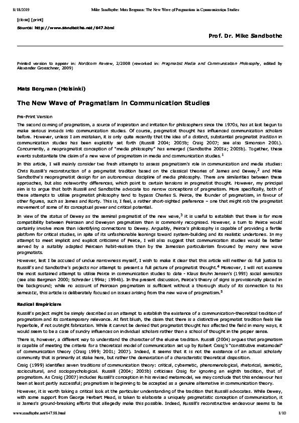 (PDF) Prof. Dr. Mike Sandbothe The New Wave of Pragmatism in ...
