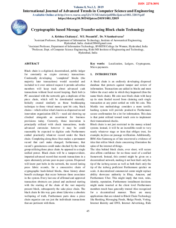 Pdf Cryptographic Based Message Transfer Using Block Chain Technology Warse The World