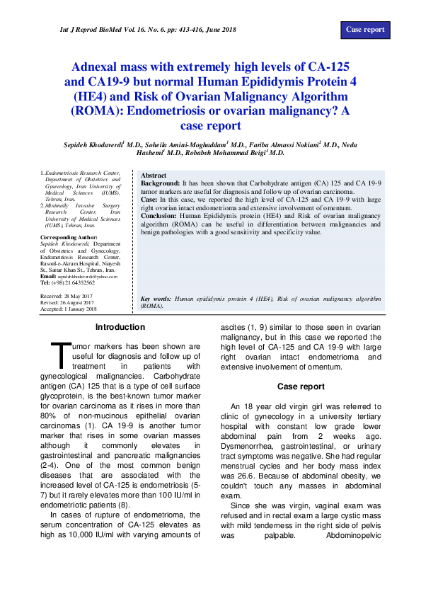 (PDF) Adnexal mass with extremely high levels of CA-125 and CA19-9 but ...