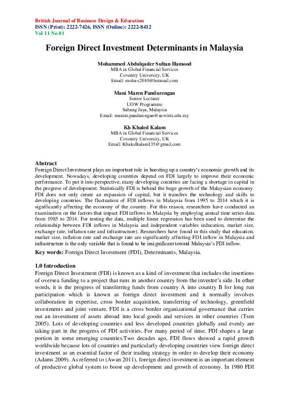 (PDF) Foreign Direct Investment Determinants in Malaysia