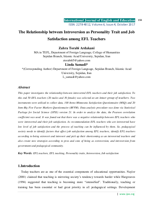 (PDF) The Relationship between Introversion as Personality Trait and Job Satisfaction among EFL ...