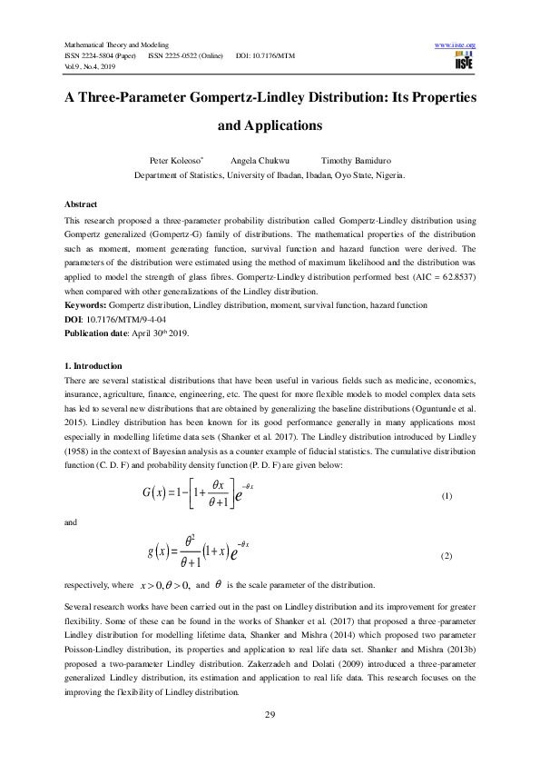 (PDF) A Three-Parameter Gompertz-Lindley Distribution: Its Properties and Applications