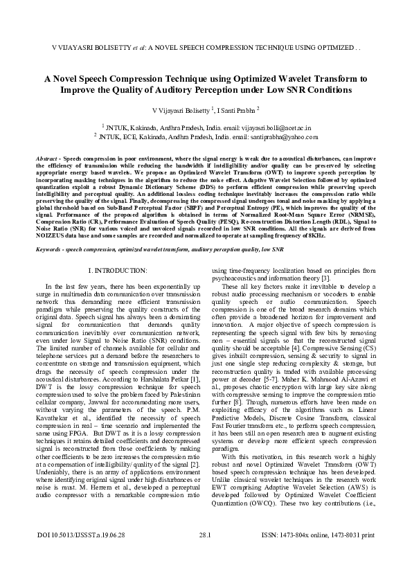 (PDF) A Novel Speech Compression Technique using Optimized Wavelet Transform to Improve the ...