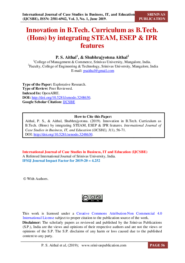 (PDF) Innovation in B.Tech. Curriculum as B.Tech. (Hons) by integrating STEAM, ESEP & IPR features