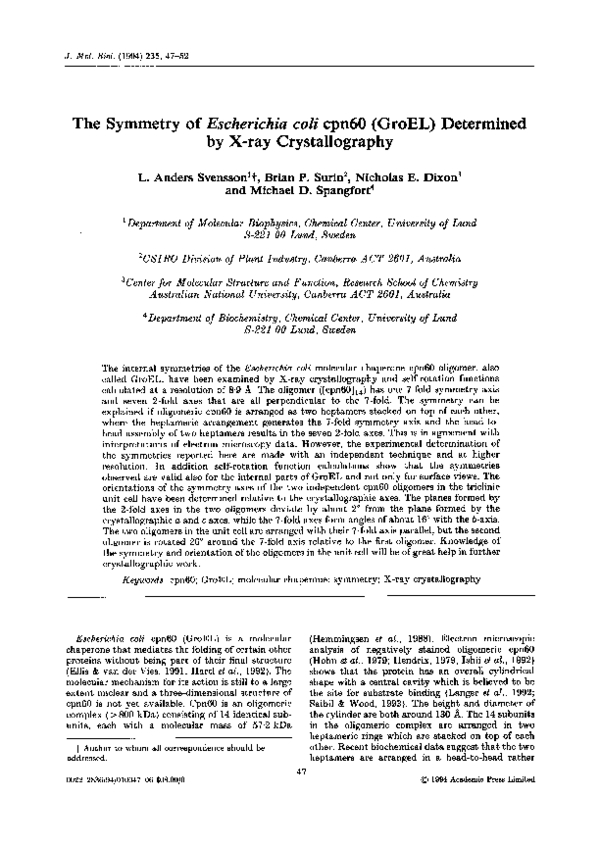 (PDF) The symmetry of Escherichia coli cpn60 (GroEL) determined by X ...