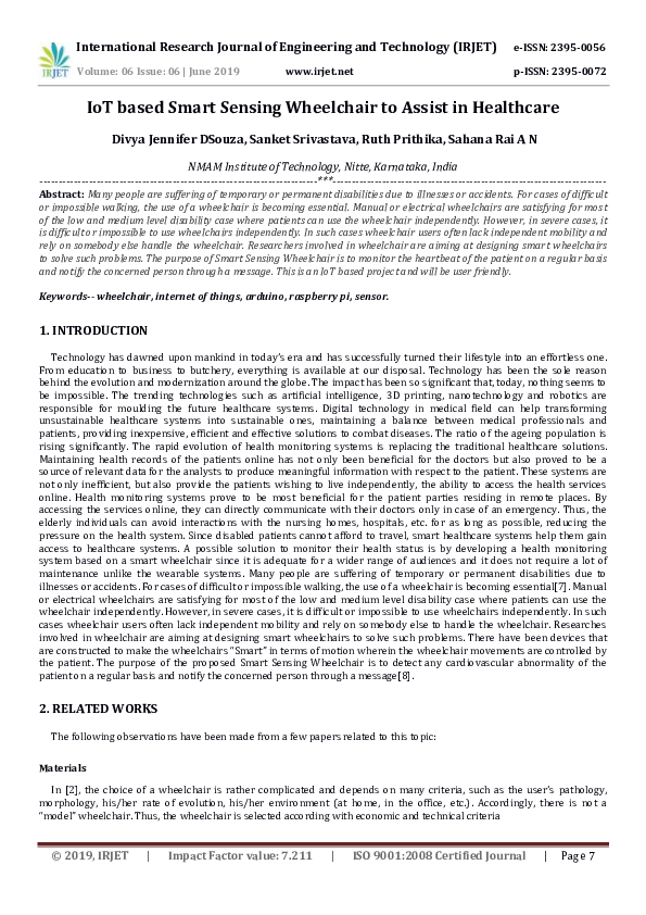 (PDF) IRJET- IoT based Smart Sensing Wheelchair to Assist in Healthcare