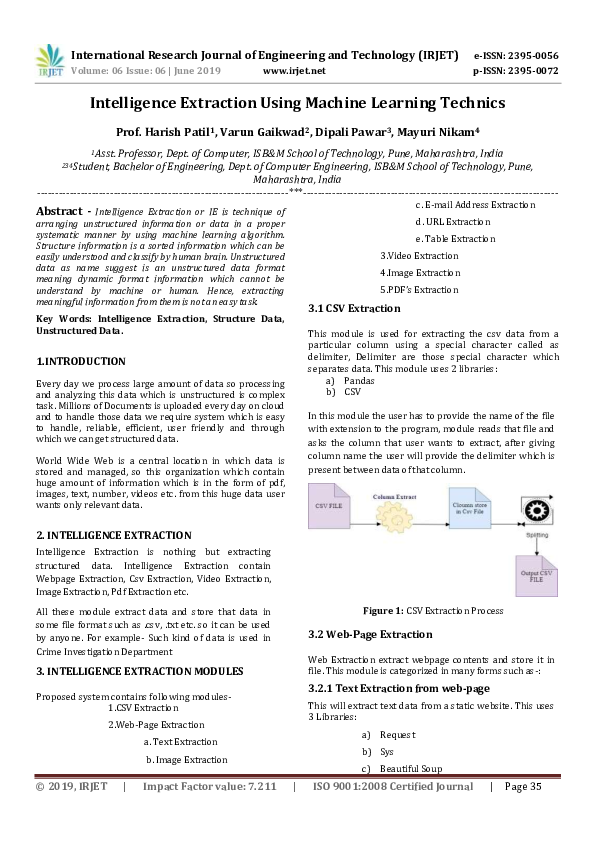 (PDF) IRJET- Intelligence Extraction Using Machine Learning Technics