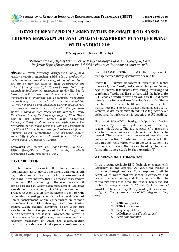 (PDF) IRJET- Development and Implementation of Smart RFID based Library Management System using ...