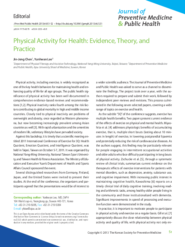(PDF) Physical activity for health: Evidence, theory, and practice